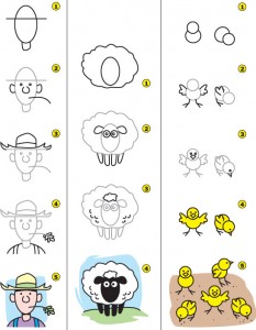How To Draw a Farmer, Sheep and Chicks | Kid Scoop